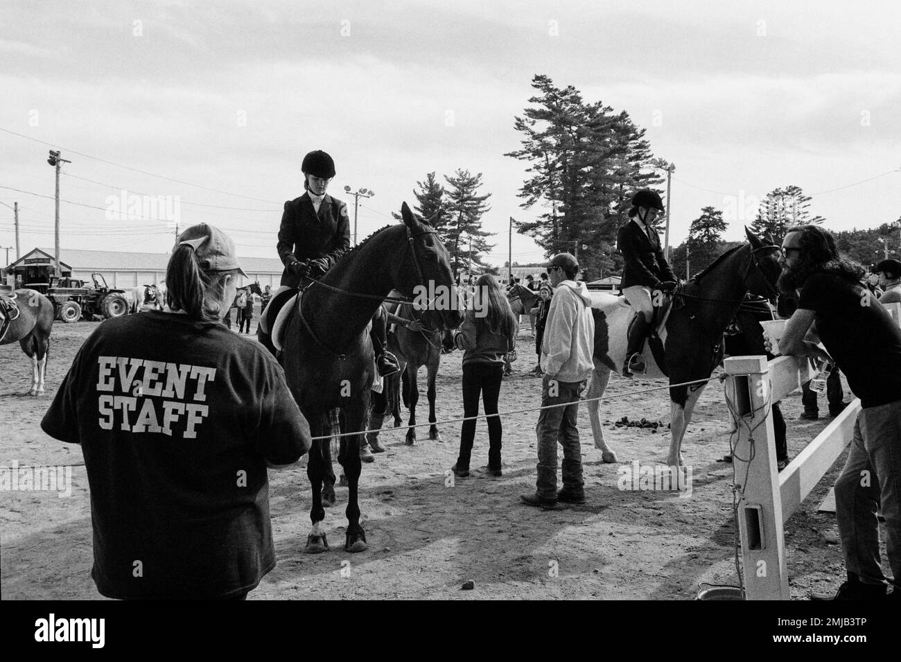 Equestrian competitors gather in post completion pen awaiting the ...