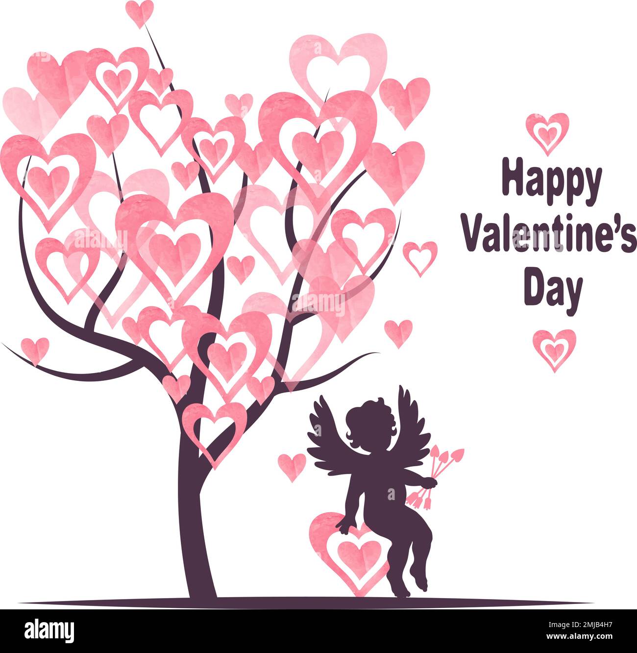 Valentines Day card design with Love tree and cute cupid. Vector ...