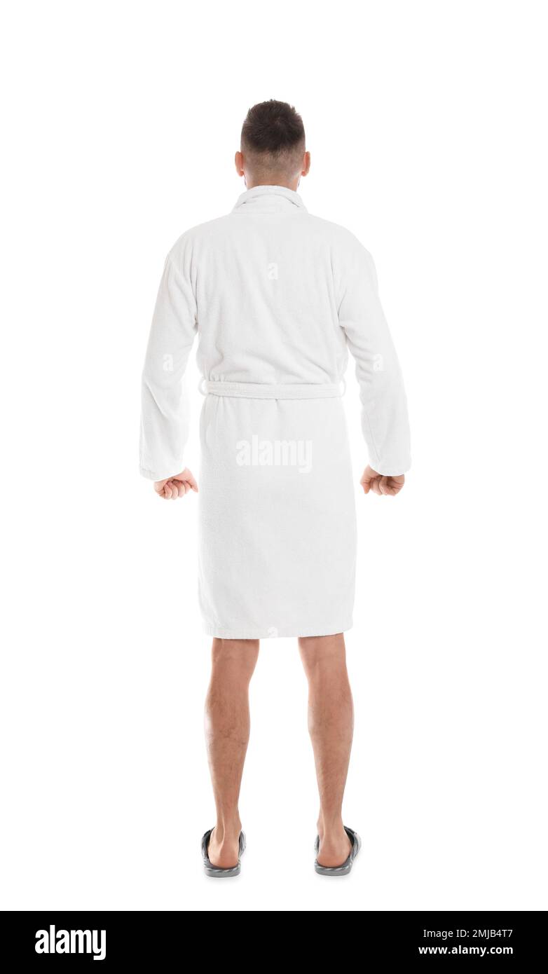 Man wearing bathrobe on white background, back view Stock Photo - Alamy