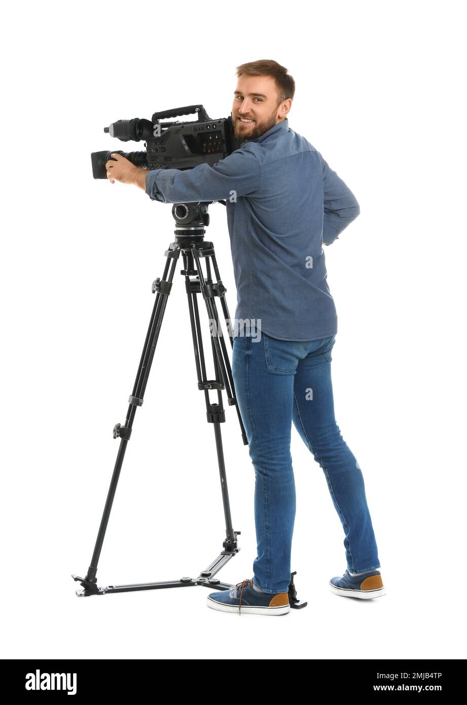 Operator with professional video camera on white background Stock Photo ...