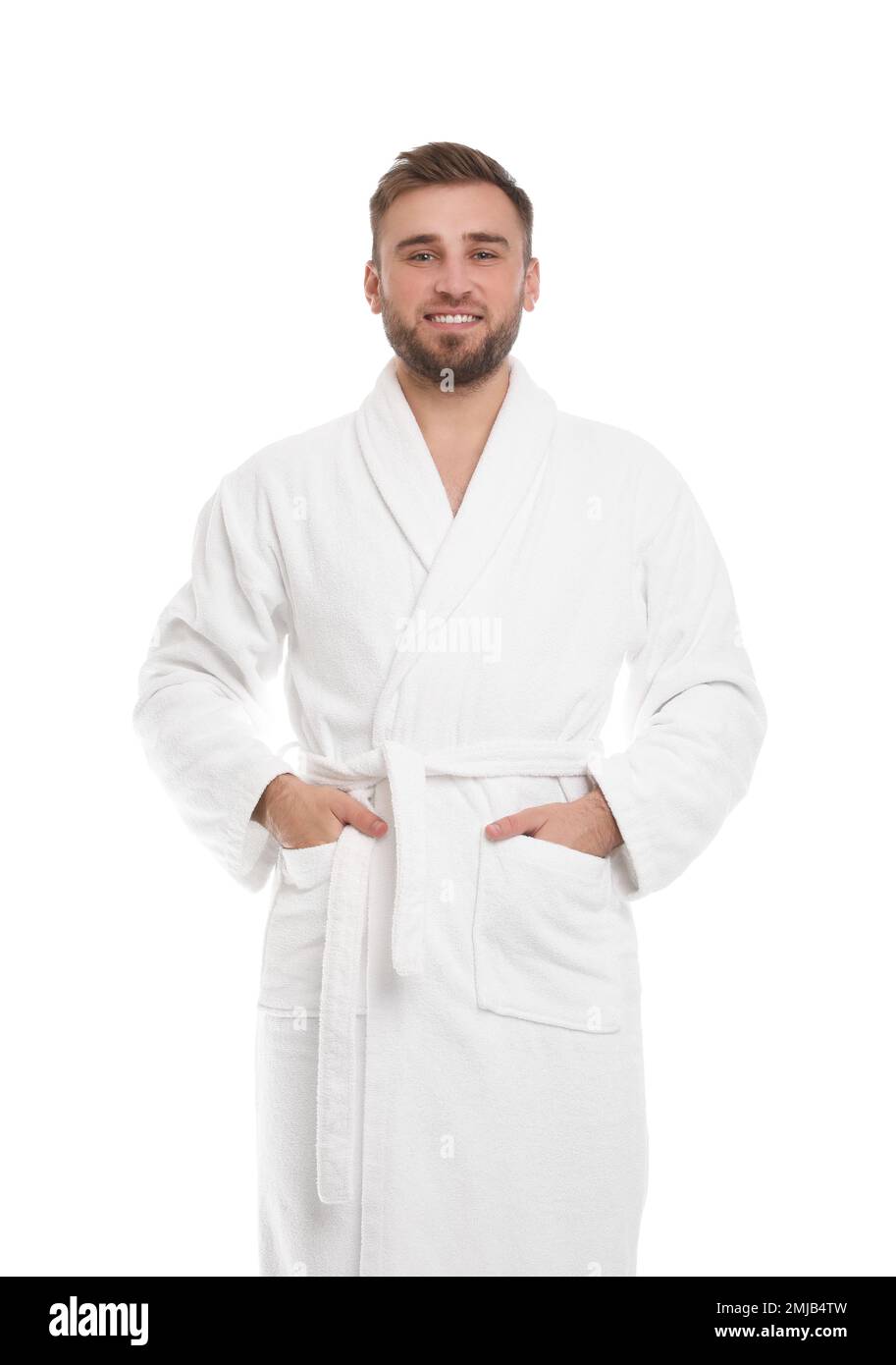 Handsome man wearing bathrobe on white background Stock Photo - Alamy
