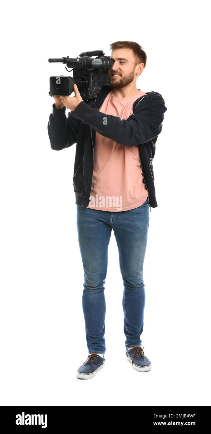 Operator with professional video camera on white background Stock Photo ...