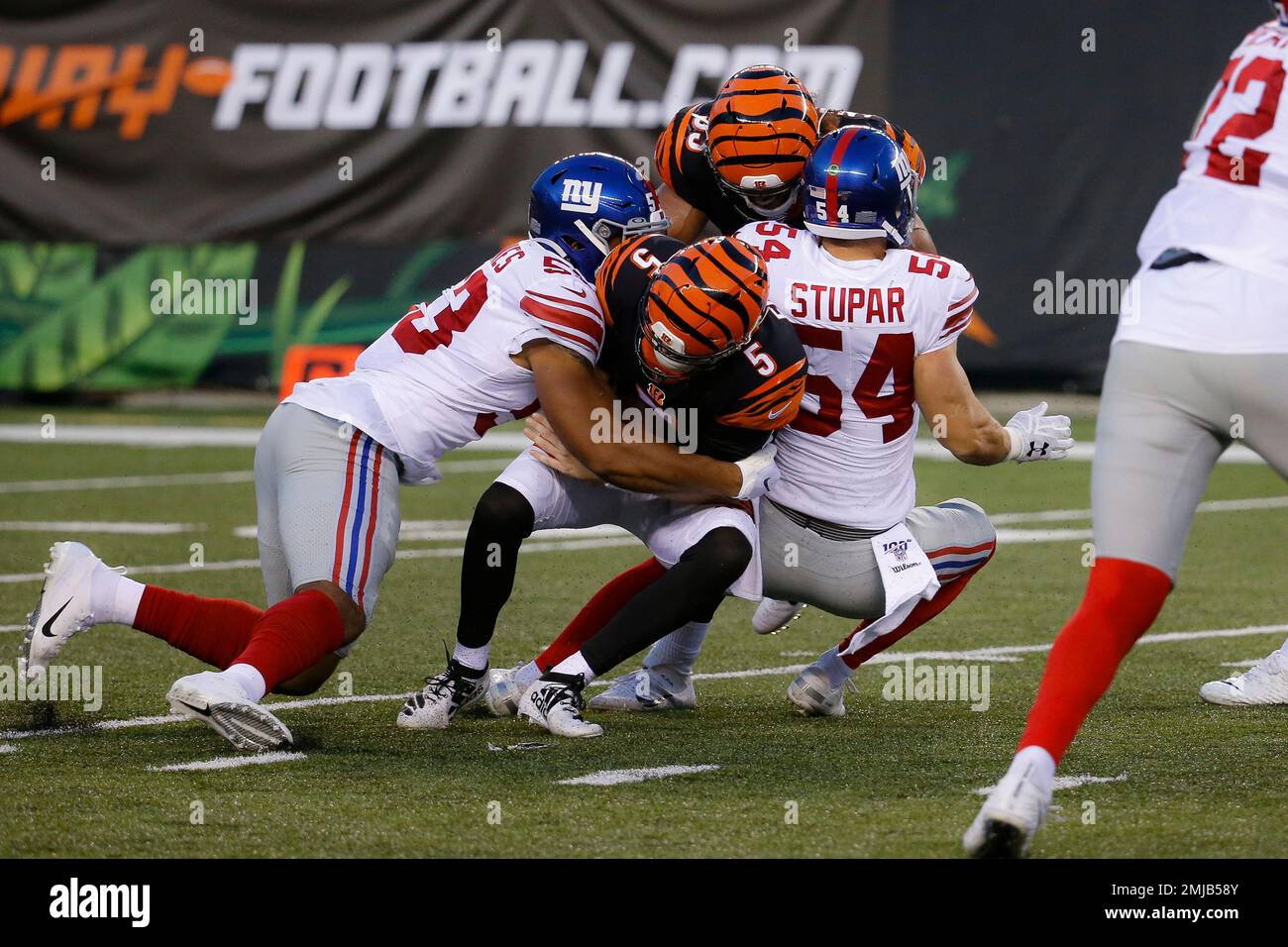 Cincinnati Bengals quarterback Ryan Finley (5) is sacked by New York ...