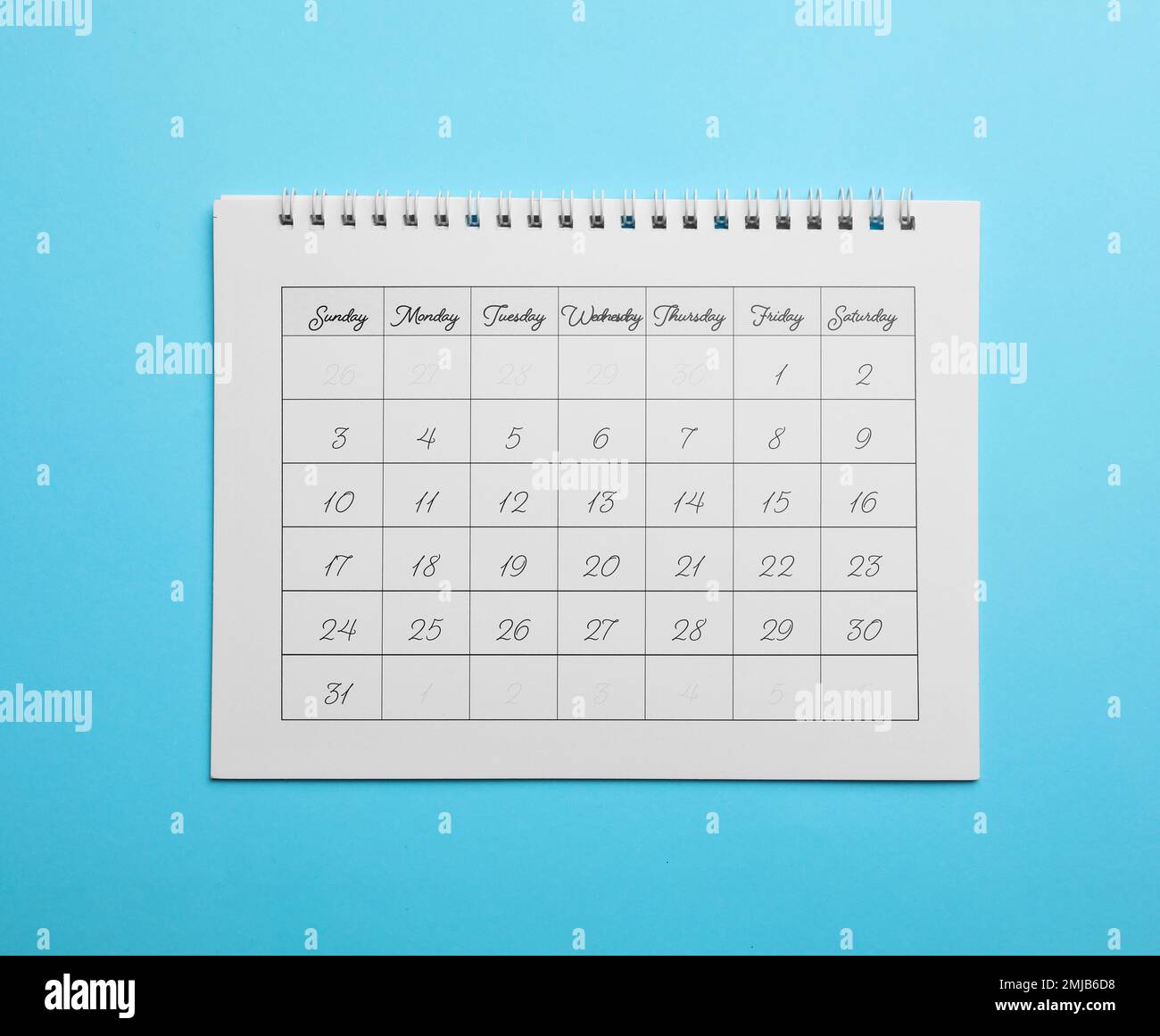Paper calendar on light blue background, top view Stock Photo - Alamy