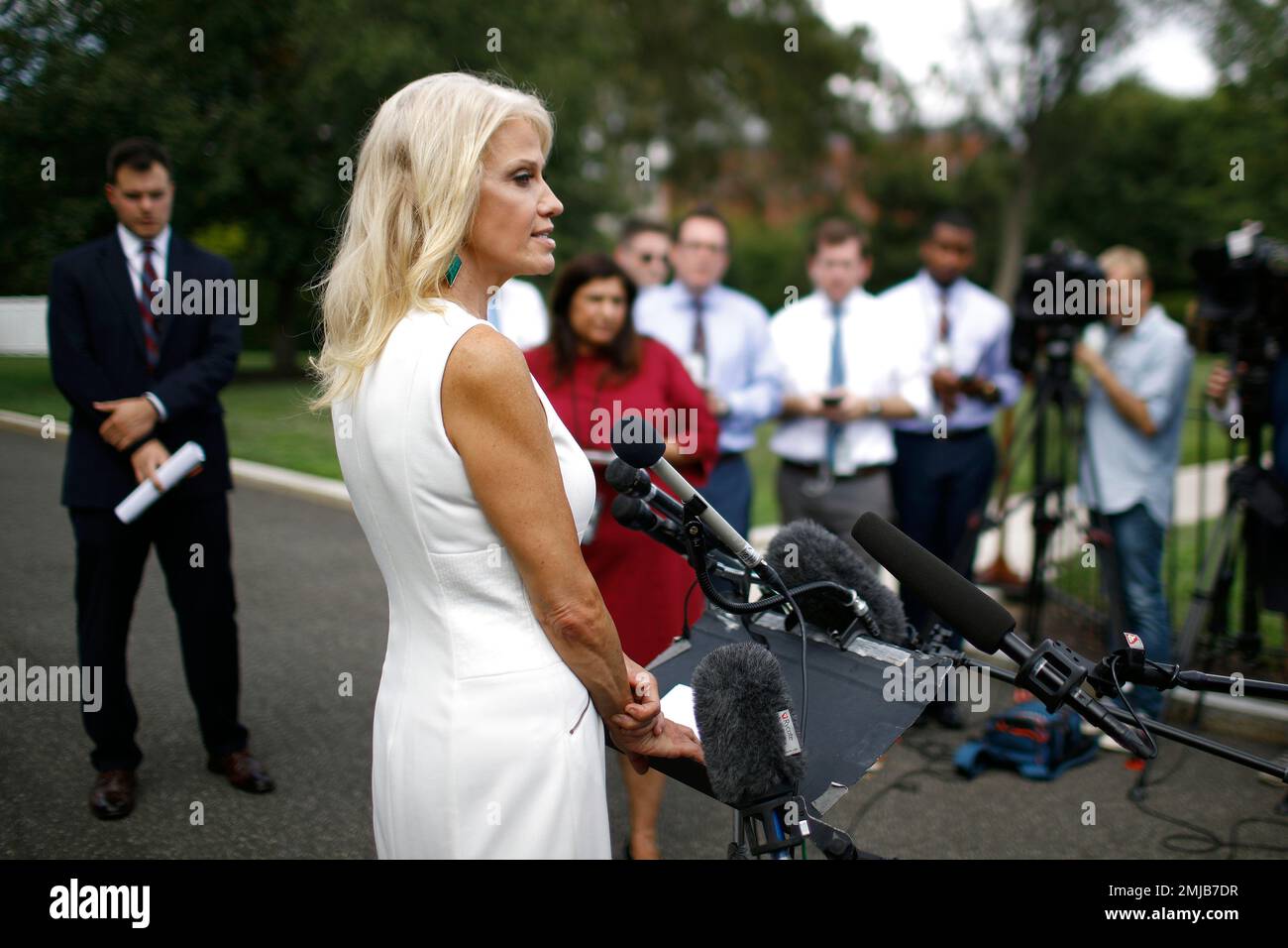Counselor to the President Kellyanne Conway speaks with reporters ...
