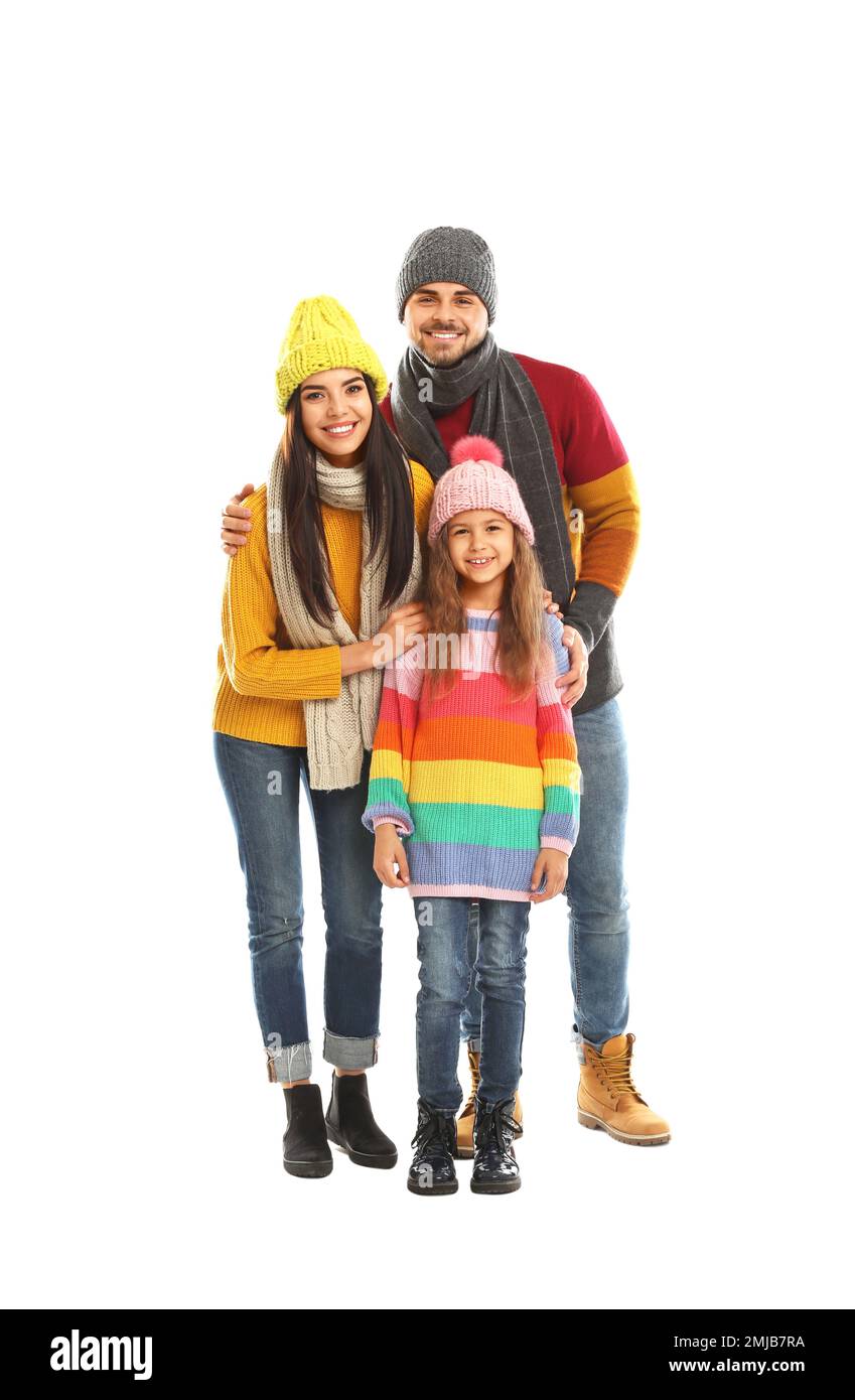 Happy family in warm clothes on white background. Winter vacation Stock ...