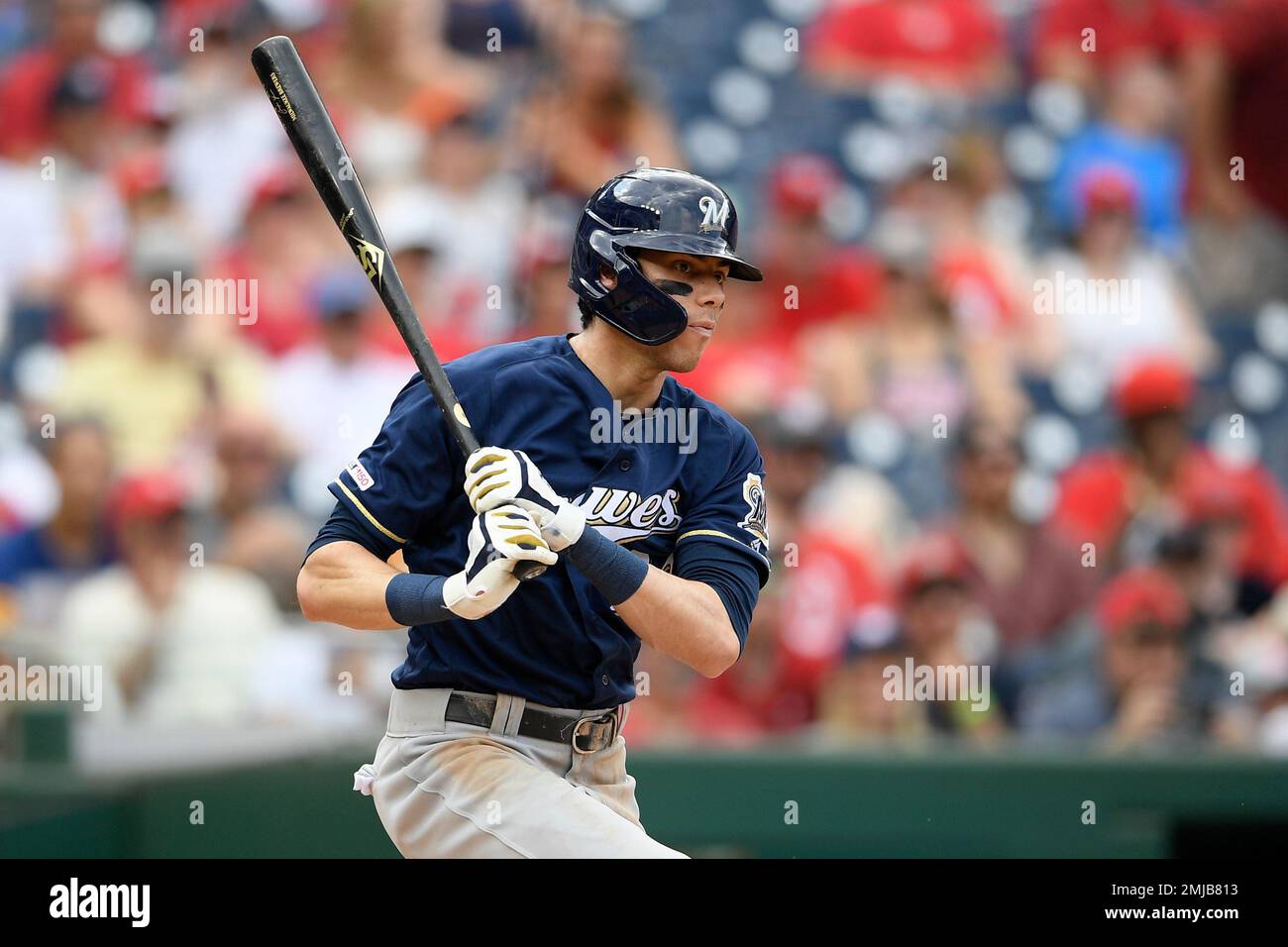 Milwaukee Brewers' Christian Yelich bats during a baseball game against ...