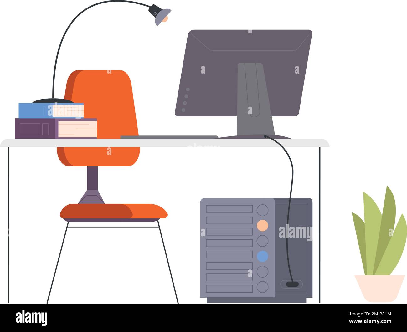 Workplace icon. Computer desk with books and lamp isolated on white ...