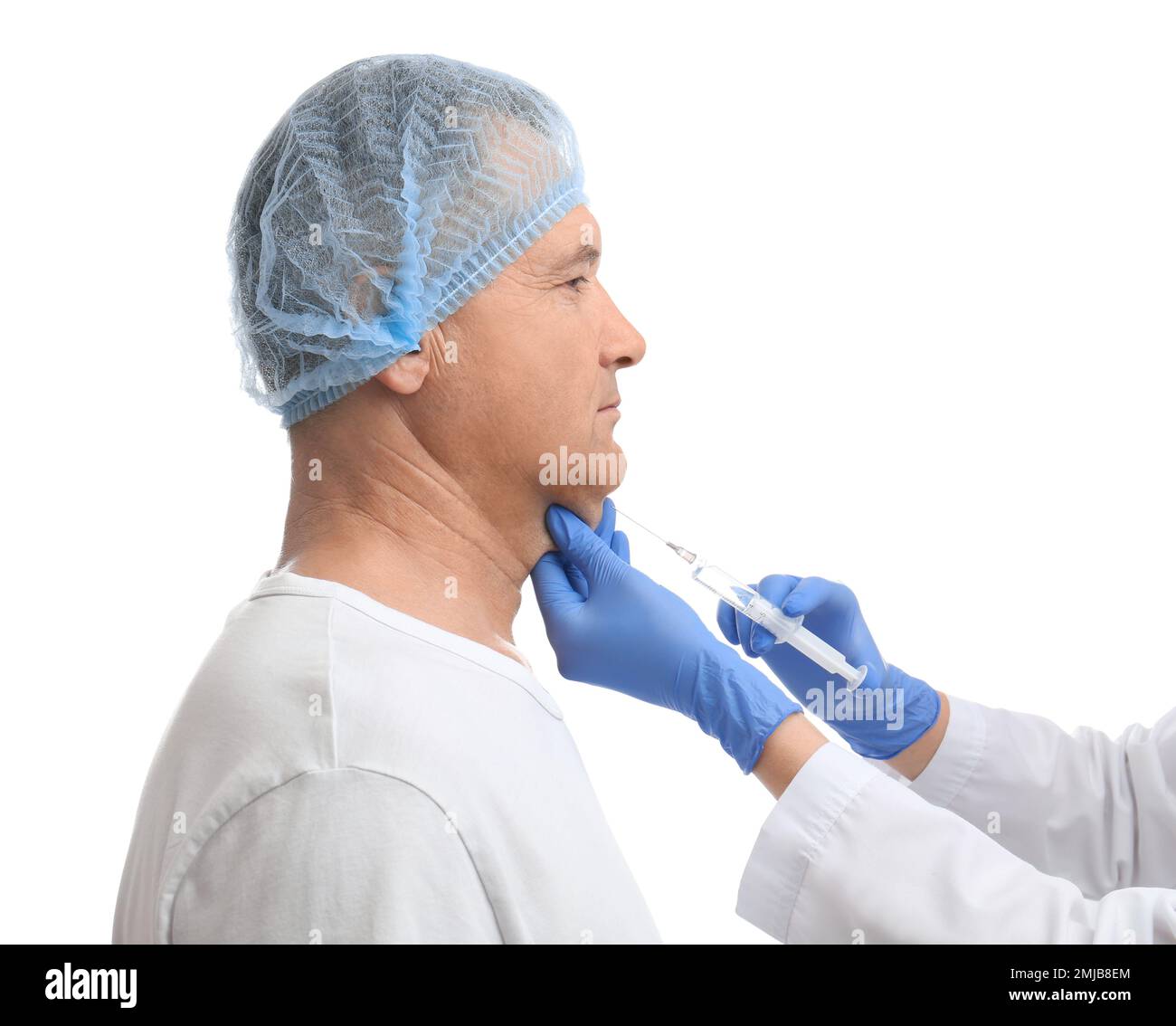 Mature man with double chin receiving injection on white background ...