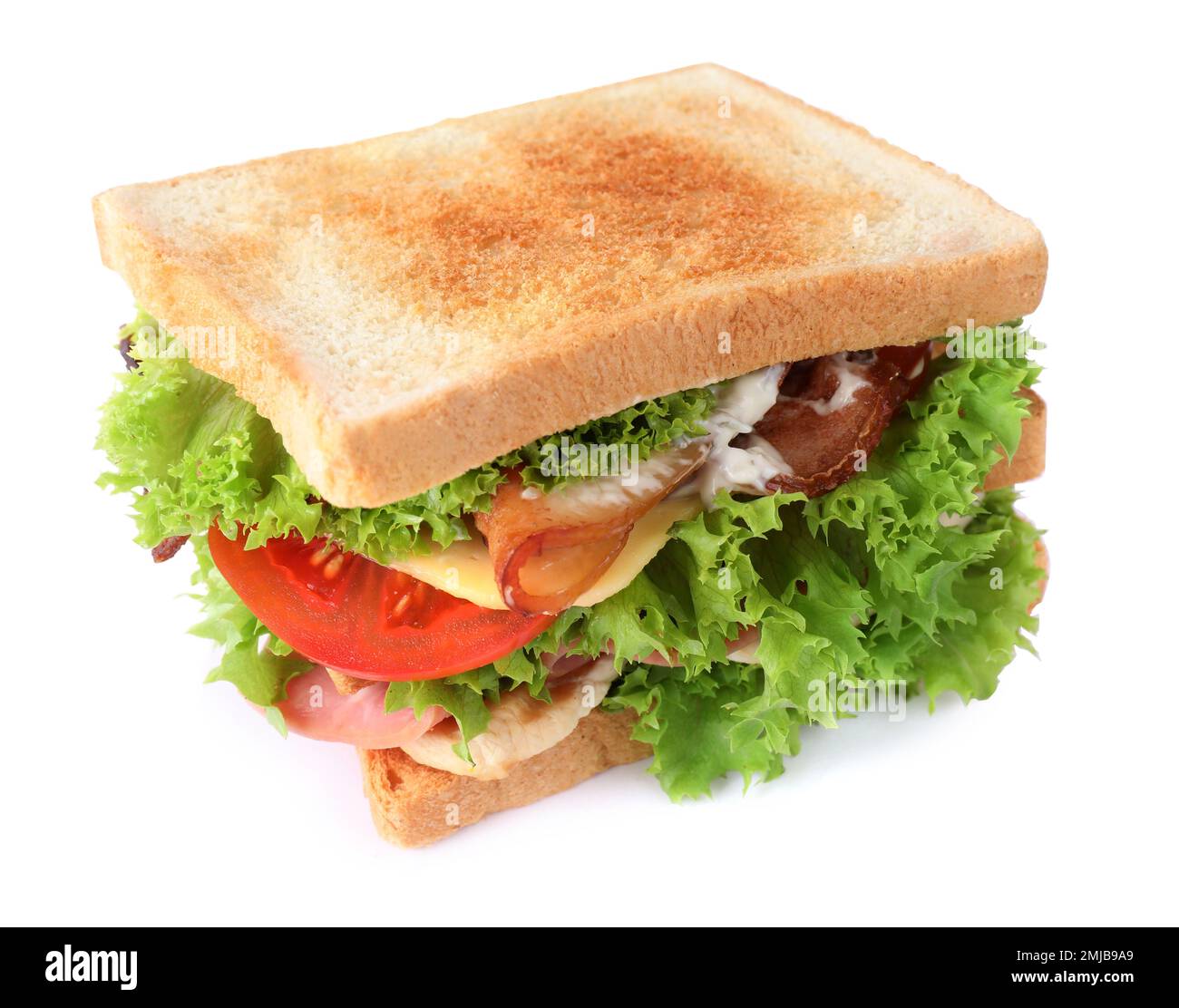 Yummy sandwich with bacon, ham and chicken isolated on white Stock ...