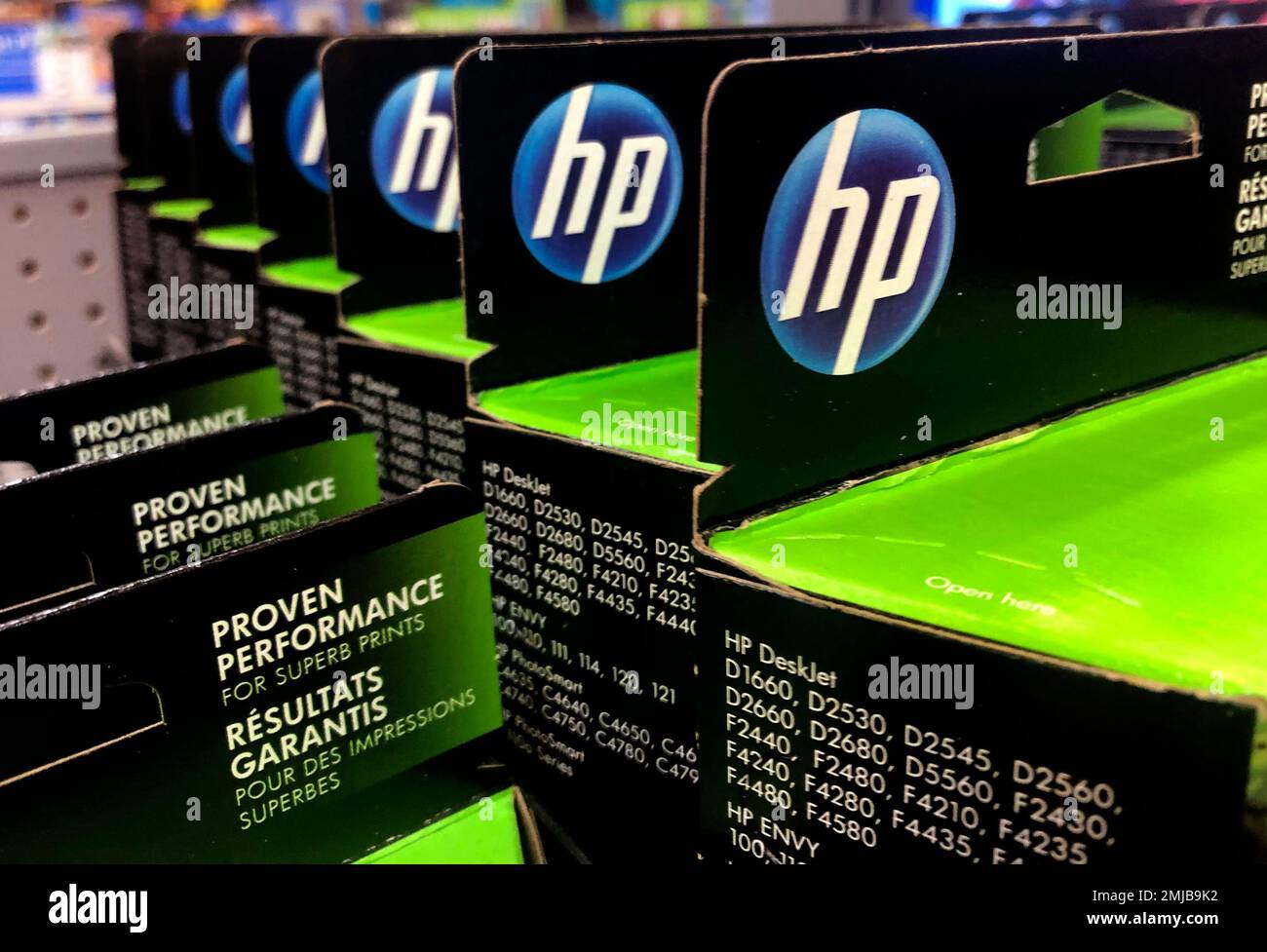 This Aug. 15, 2019, photo shows the HP logo on Hewlett-Packard printer ...