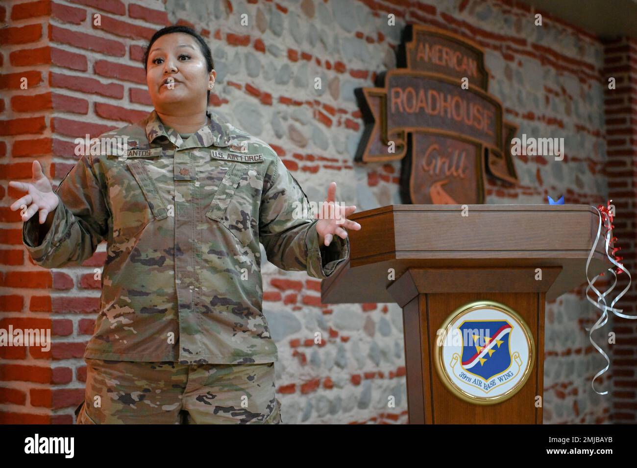 Maj. Claudia Santos, 39th Force Support Squadron commander, announces the introduction of campus ...