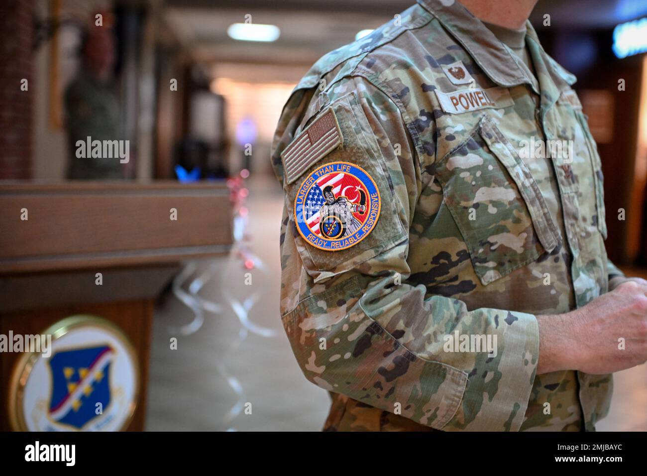Col. Calvin Powell, 39th Air Base Wing commander, sports the Wings new Larger Than Life patch at ...