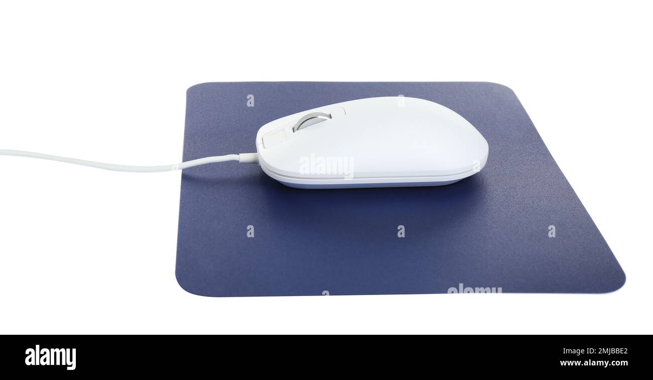 Modern wired optical mouse and blue pad isolated on white Stock Photo - Alamy