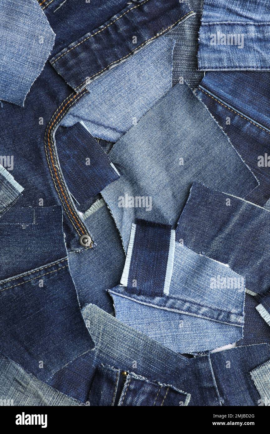 Many patches of old jeans as background, top view Stock Photo - Alamy