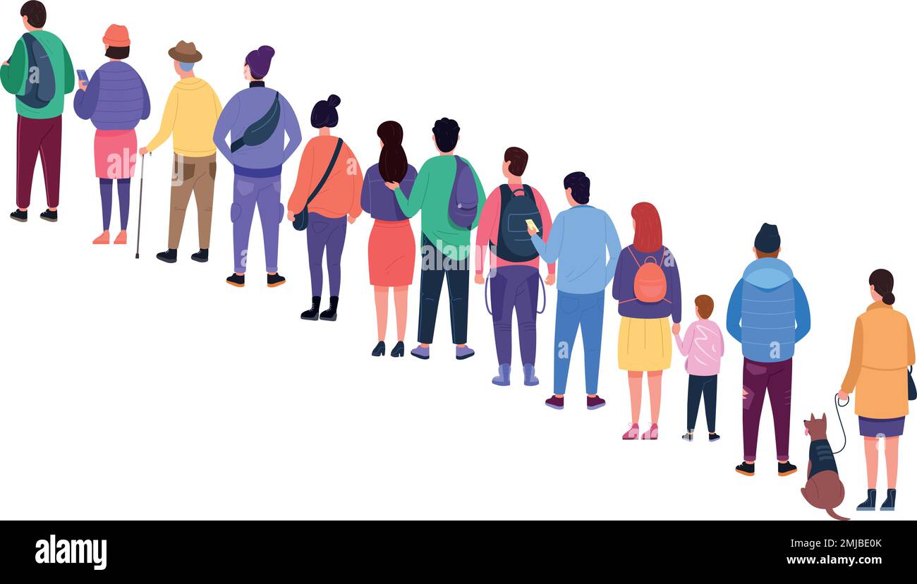 Refugee queue. People waiting in line rear view isolated on white ...