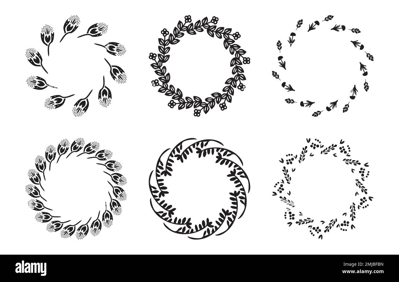 Set of six botanical wreath frames. Vector woodland invitation borders ...