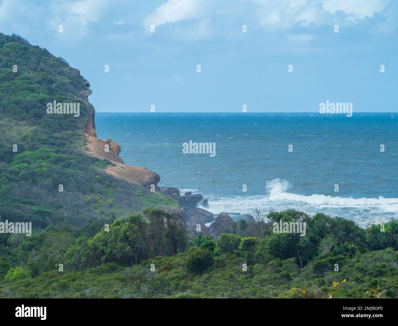 Blue sea and green bush of the Australian coast line in front of the ...