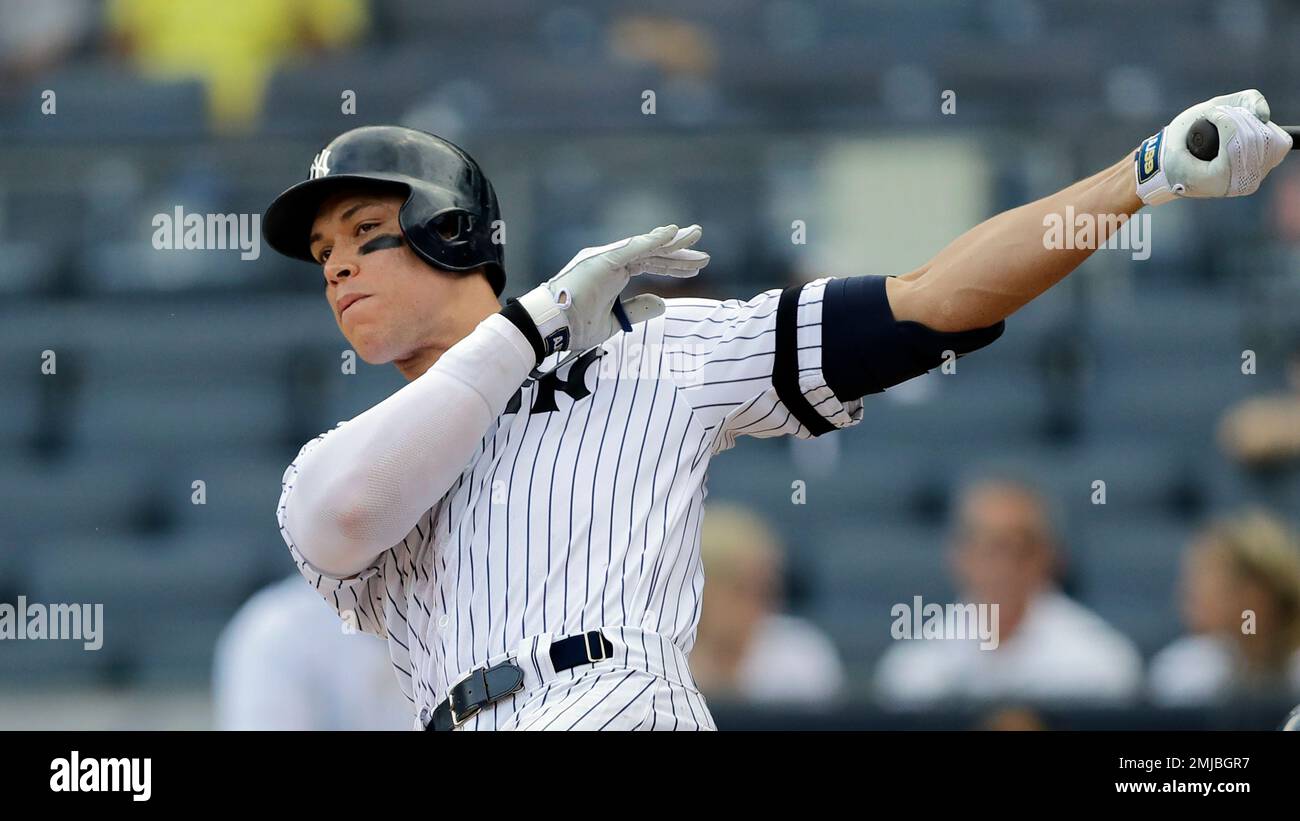 New York Yankees' Aaron Judge bats in a baseball game against the ...