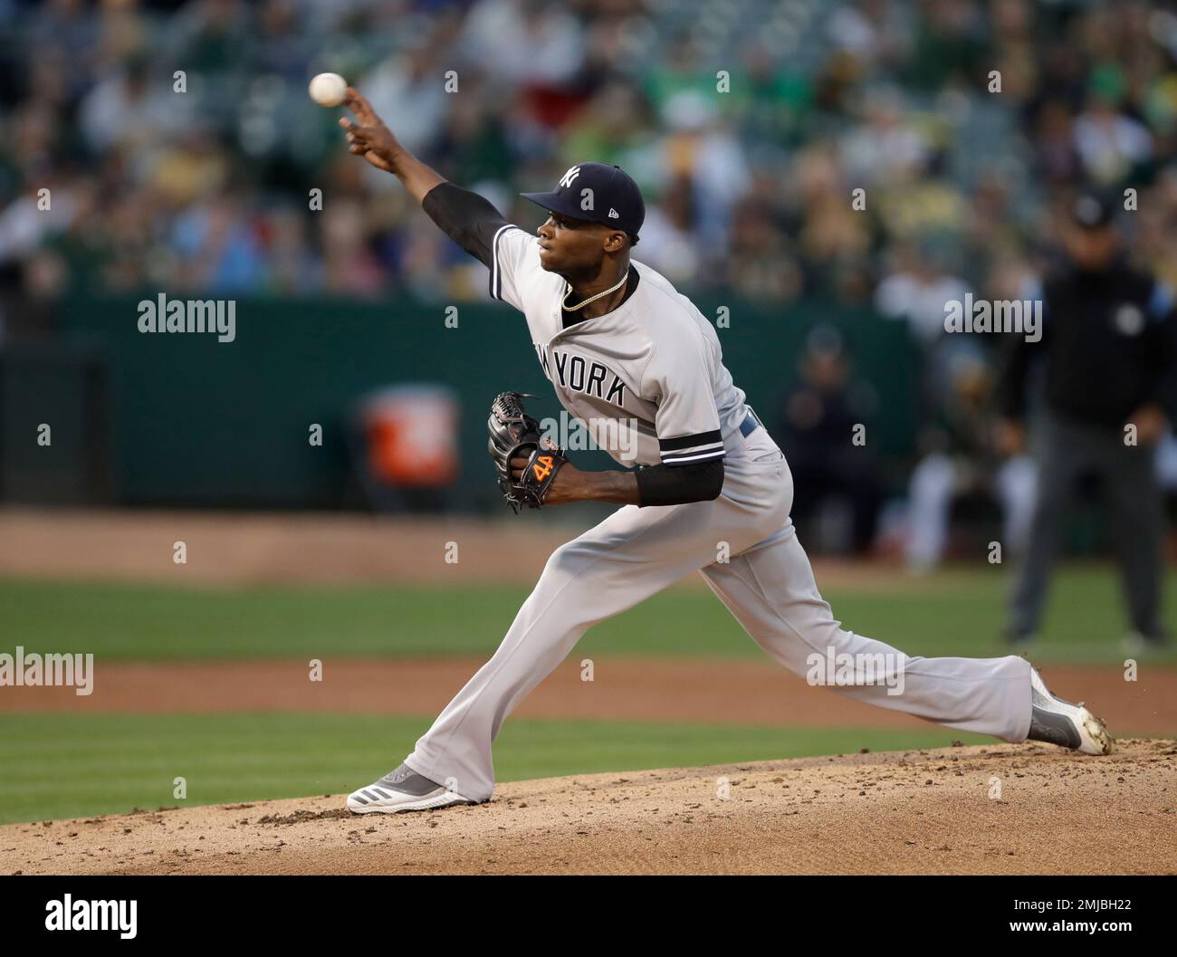 New York Yankees pitcher Domingo German works against the Oakland ...