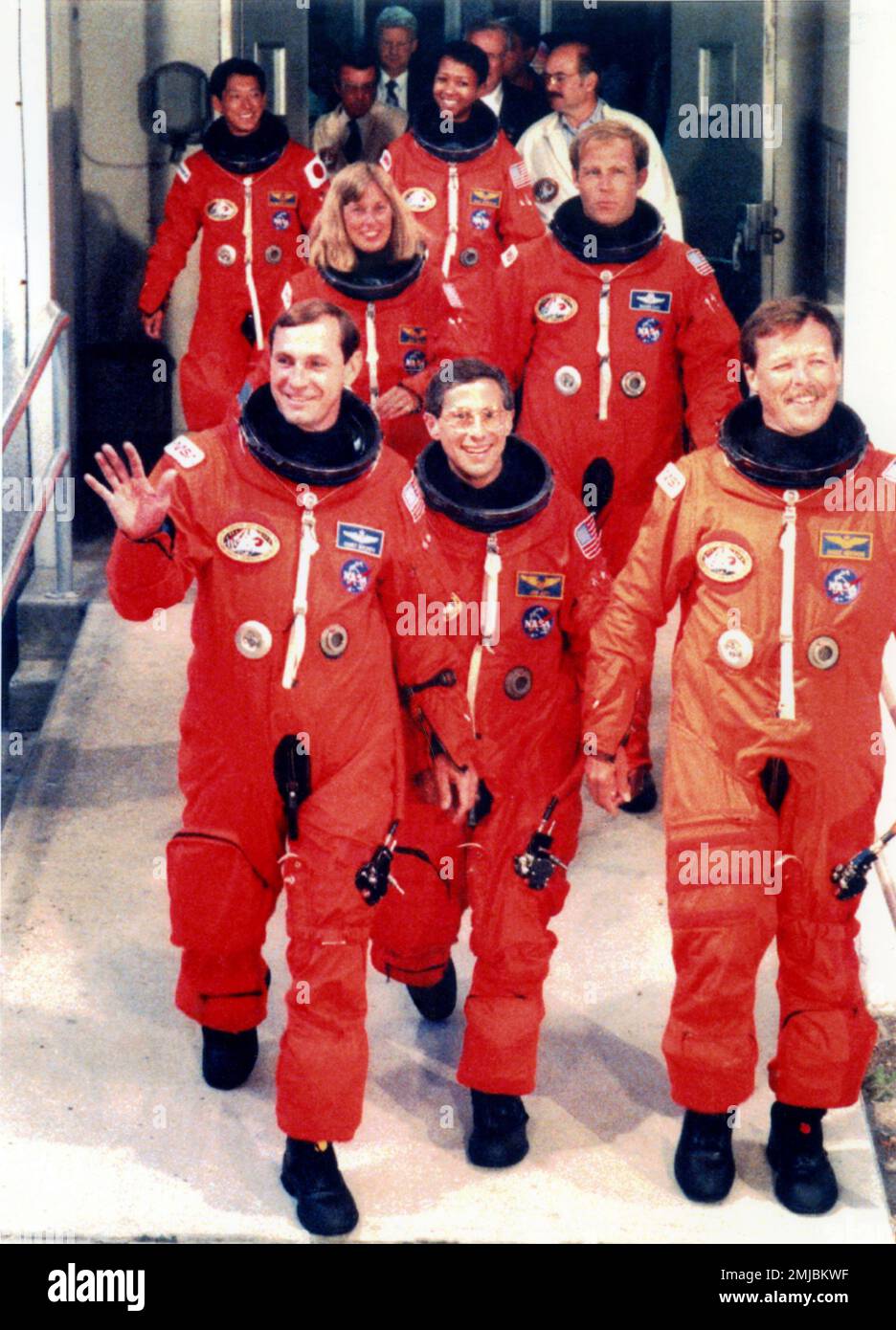 The crew of STS-47, front row, from left; Pilot Curtis Brown, Mission Specialist Jay Apt ...