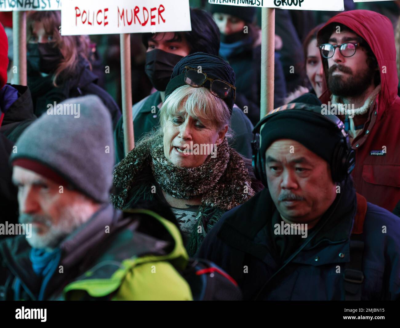 New York, United States. 26th Jan, 2023. People gather and hold signs ...
