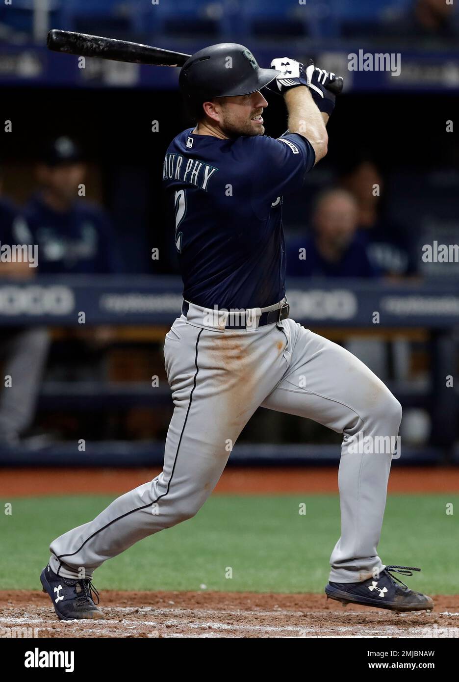 Seattle Mariners' Tom Murphy lines a single off Tampa Bay Rays relief ...