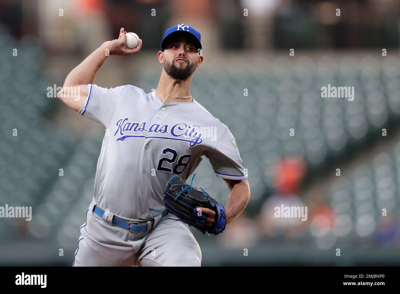 Kansas City Royals starting pitcher Jorge Lopez throws to a Baltimore ...