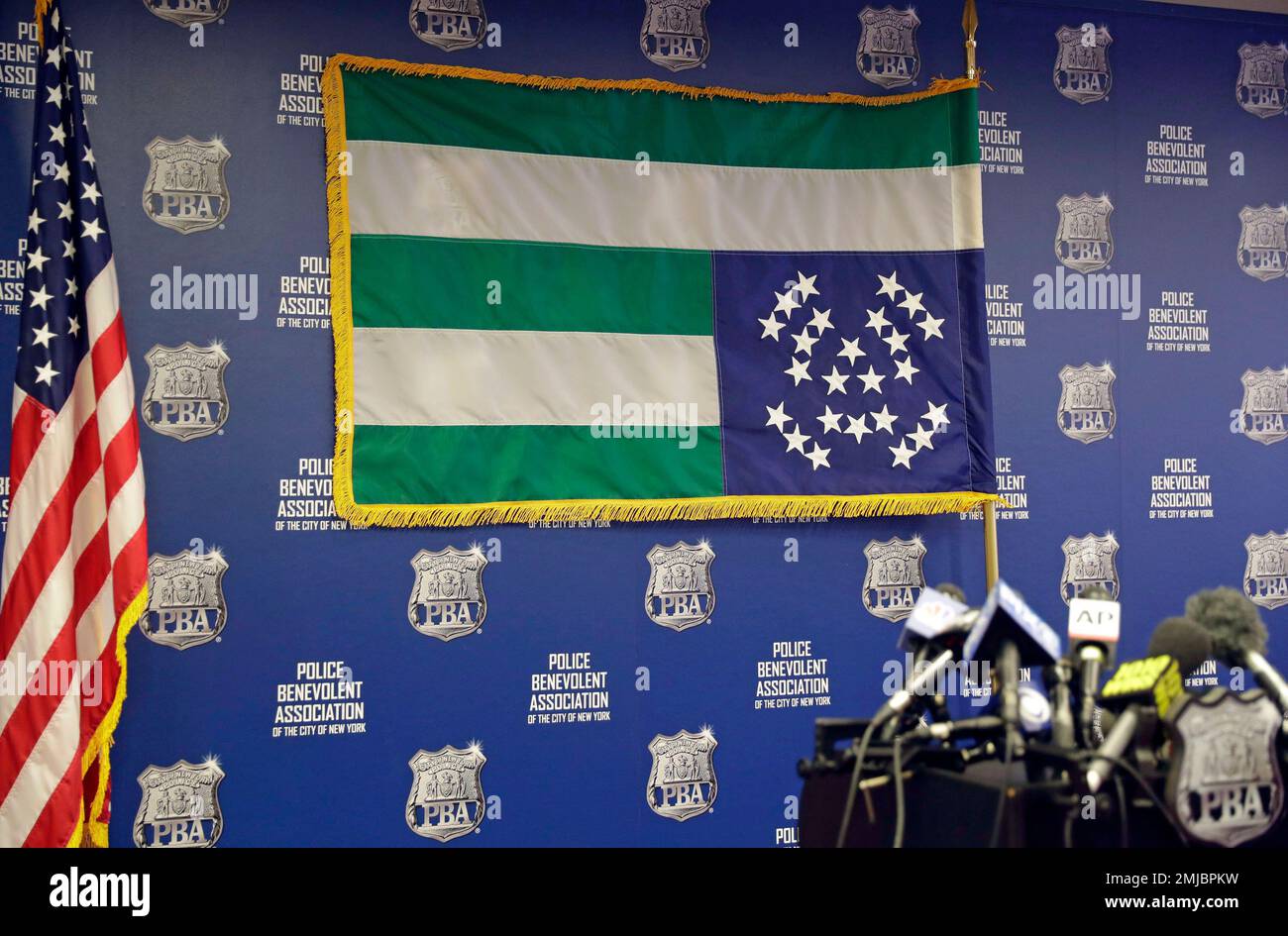 The New York Police Department flag hangs upside down at the Patrolman ...