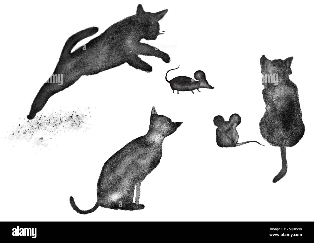 watercolor cats with mouse on white background. illustration set Hand ...