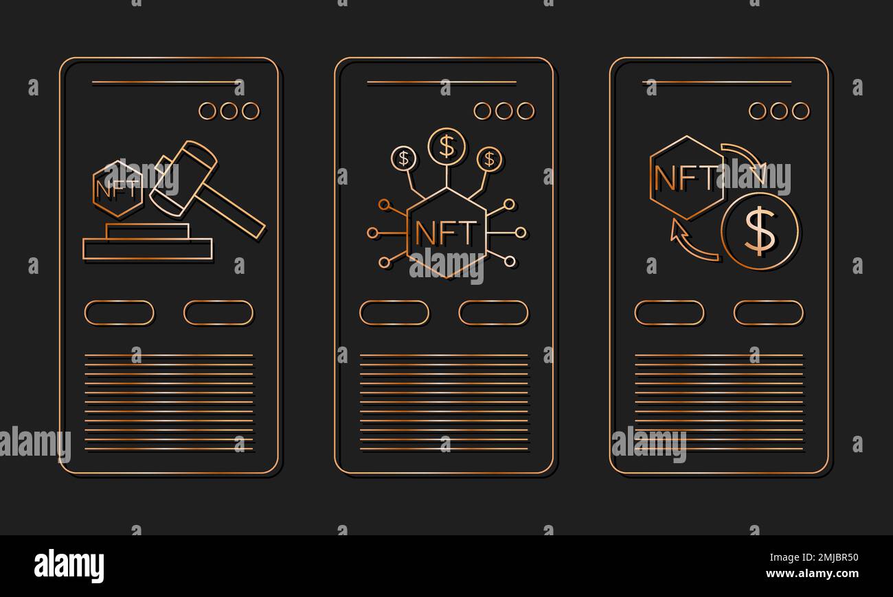 NFT vector icon card. Non-fungible token. Gold on black background. vector eps 10 Stock Vector ...