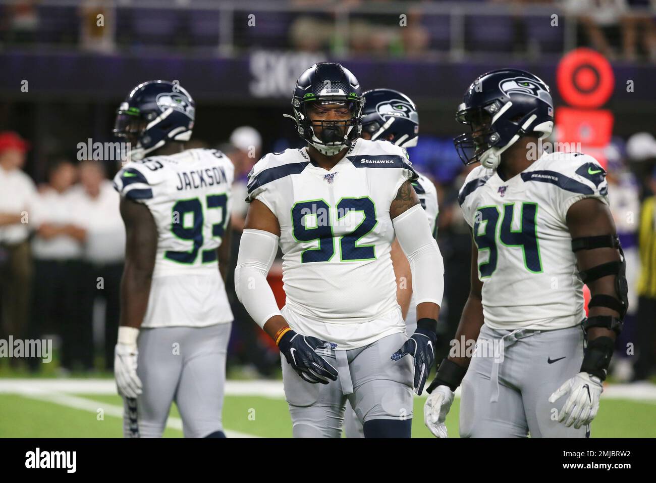 Seattle Seahawks defensive tackle Nazair Jones (92) gets set for a play ...