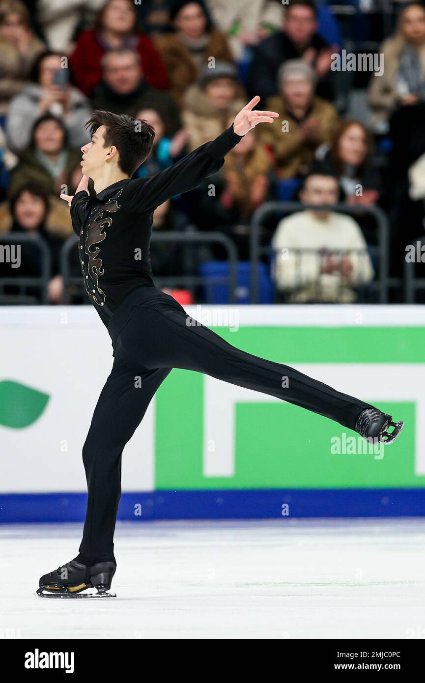 RUSSIA, MOSCOW - JANUARY 22, 2023: Athlete Petr Gumennik performs his ...