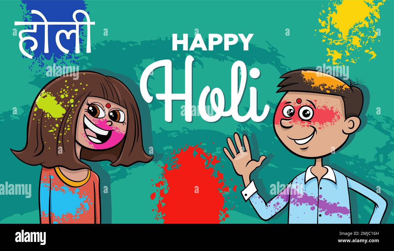 Cartoon illustration of Hindu Holi festival design with comic people ...