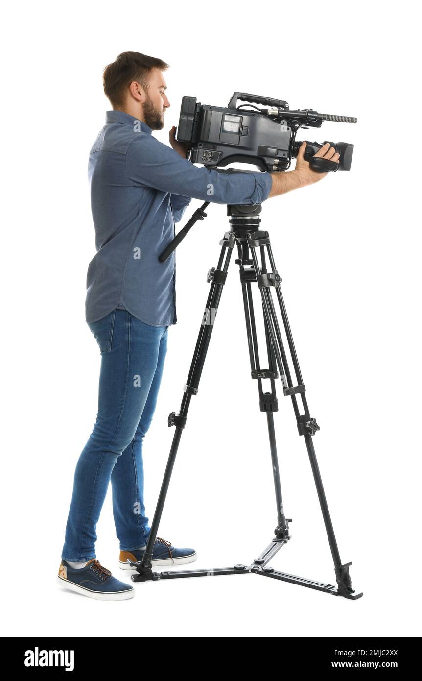 Operator with professional video camera on white background Stock Photo ...