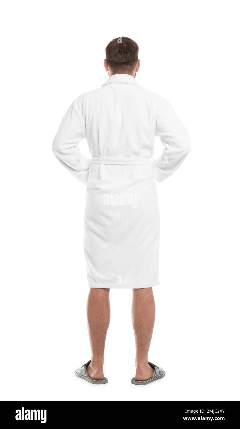 Man wearing bathrobe on white background, back view Stock Photo - Alamy