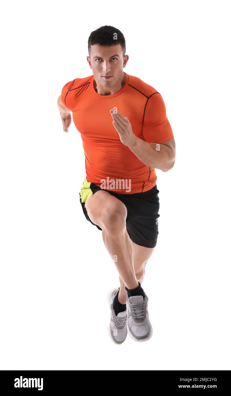 Athletic young man running on white background Stock Photo - Alamy