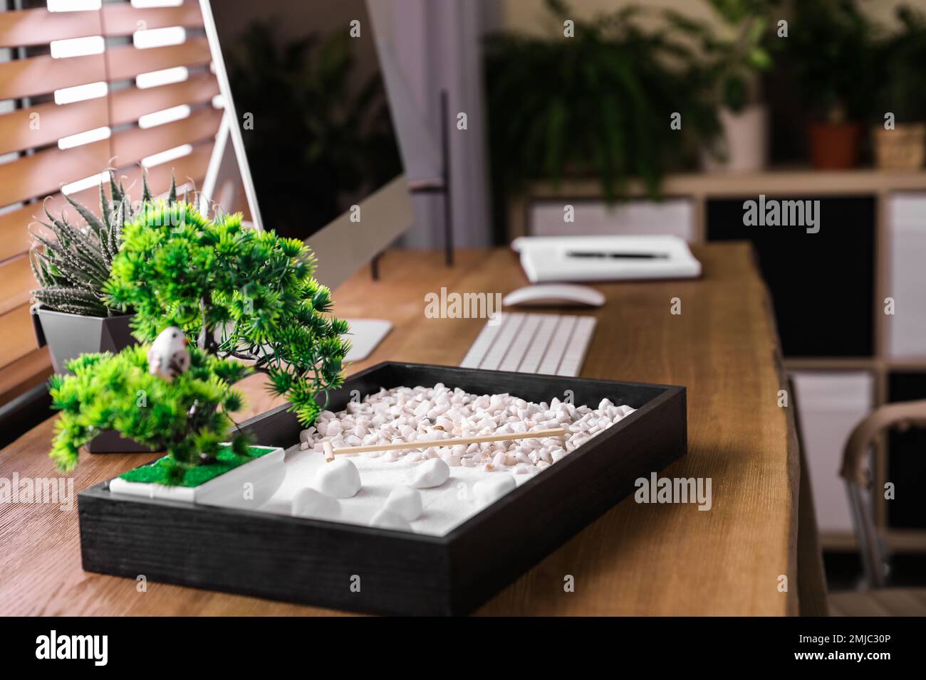 Modern workplace with beautiful miniature zen garden and computer in ...