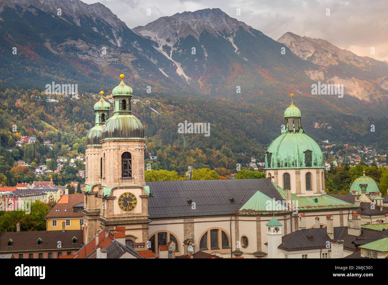 Aerial view of Innsbruck City cathedral at autumn, the capital of Tyrol ...