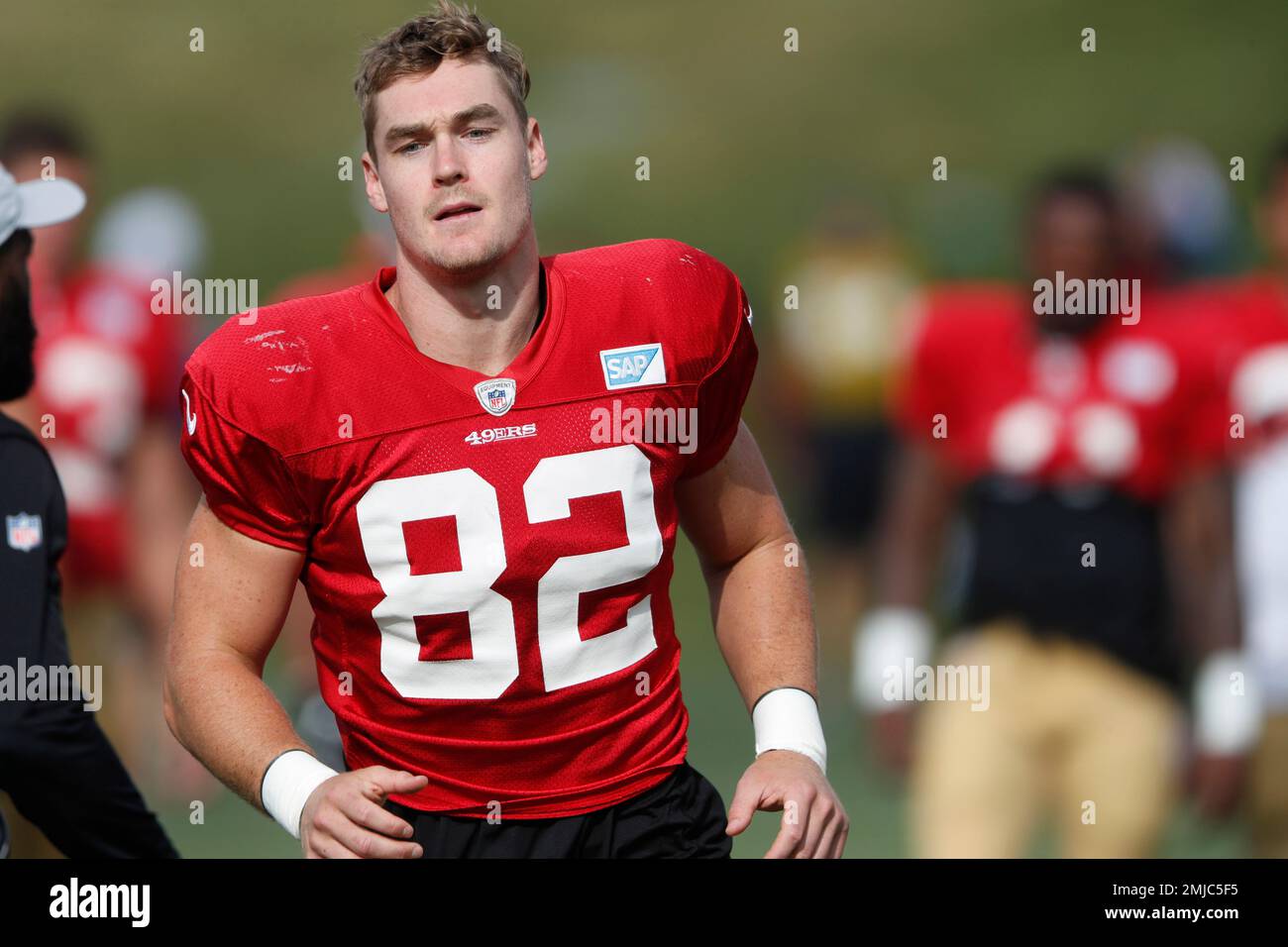 San Francisco 49ers tight end Ross Dwelley (82) during a combined NFL ...