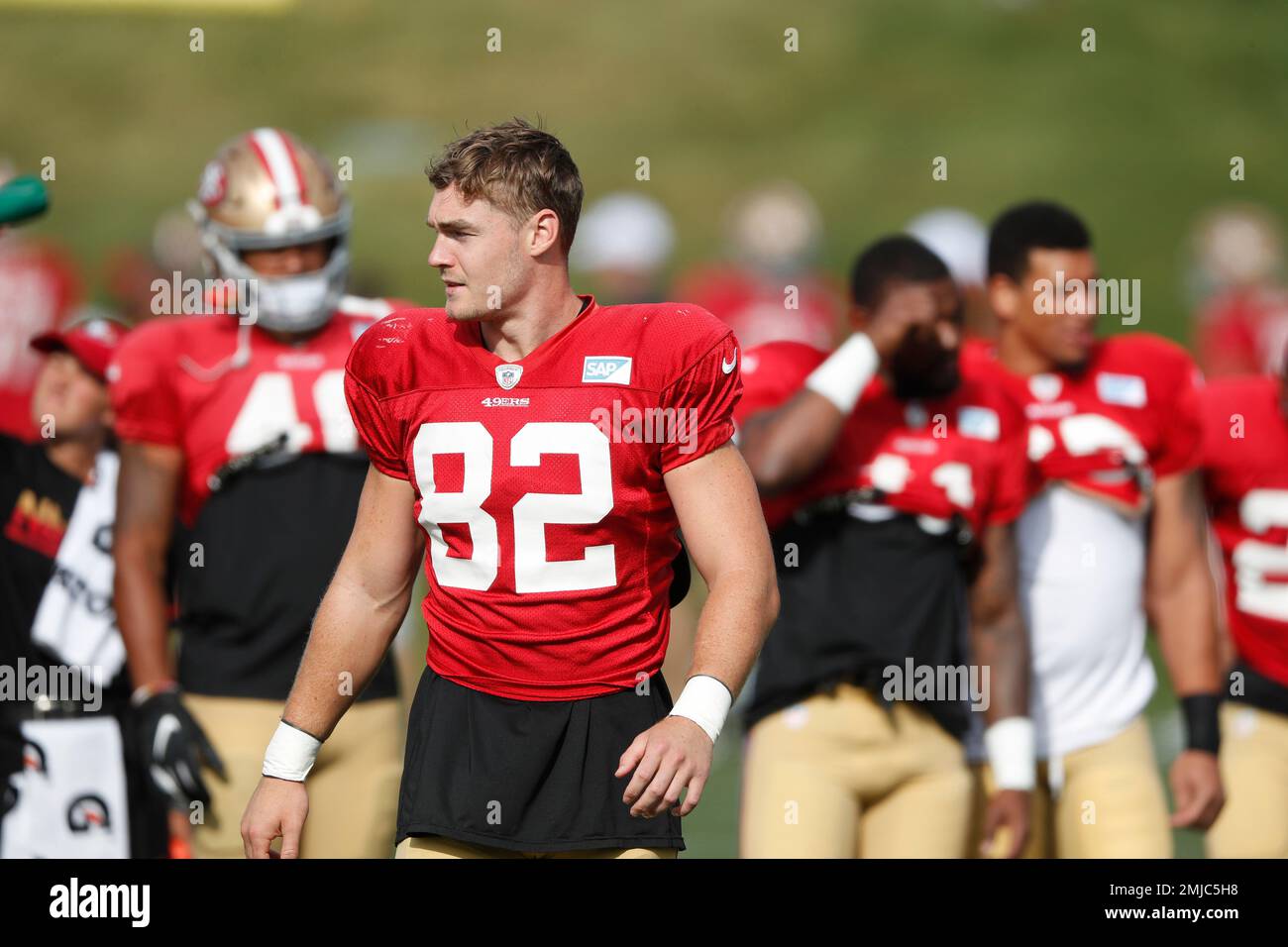 San Francisco 49ers tight end Ross Dwelley (82) during a combined NFL ...