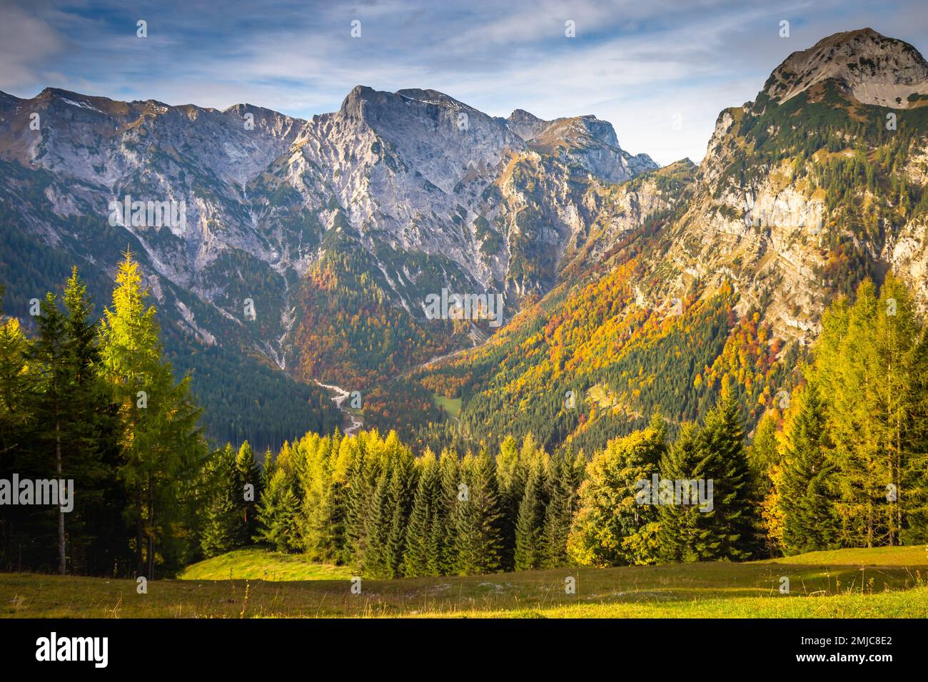 Karwendel alps at golden autumn sunrise, tyrol and bavarian alps border ...