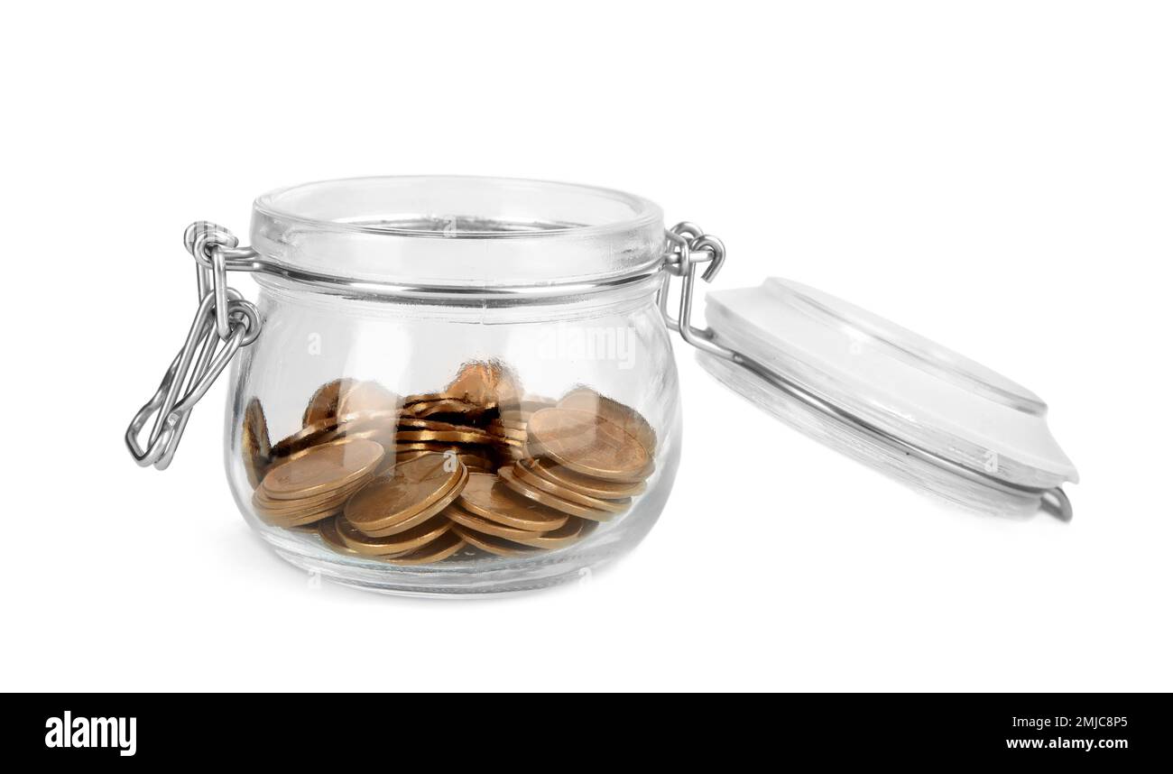 Glass jar with coins isolated on white Stock Photo - Alamy