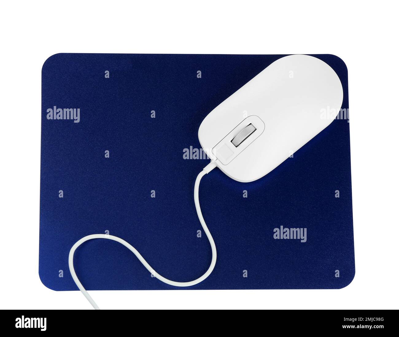 Modern wired optical mouse and blue pad isolated on white, top view ...
