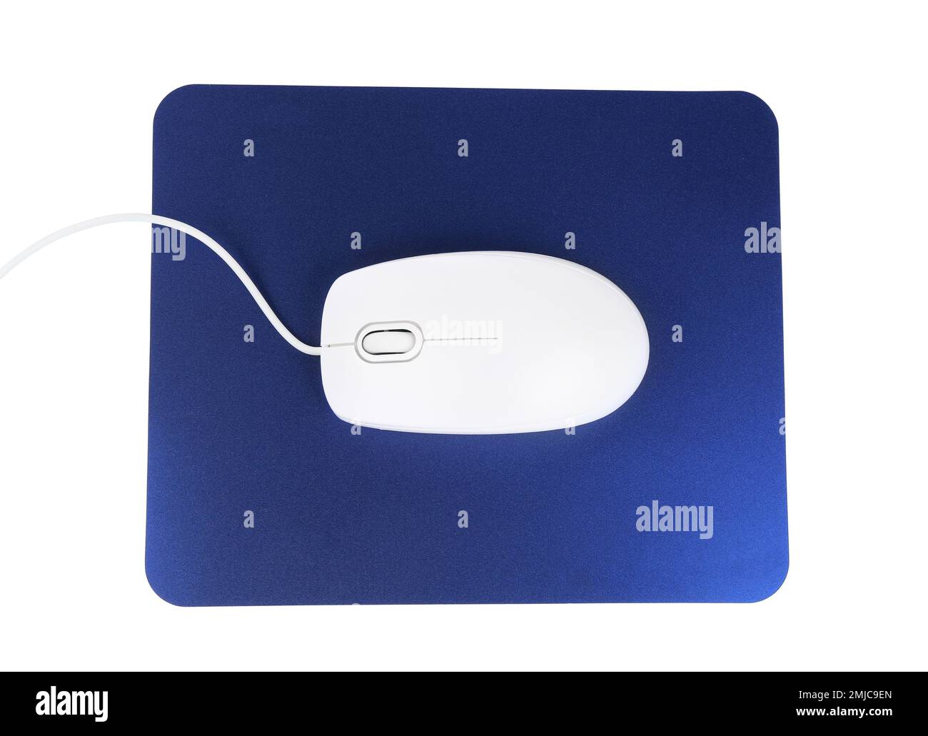Modern wired optical mouse and blue pad isolated on white, top view ...
