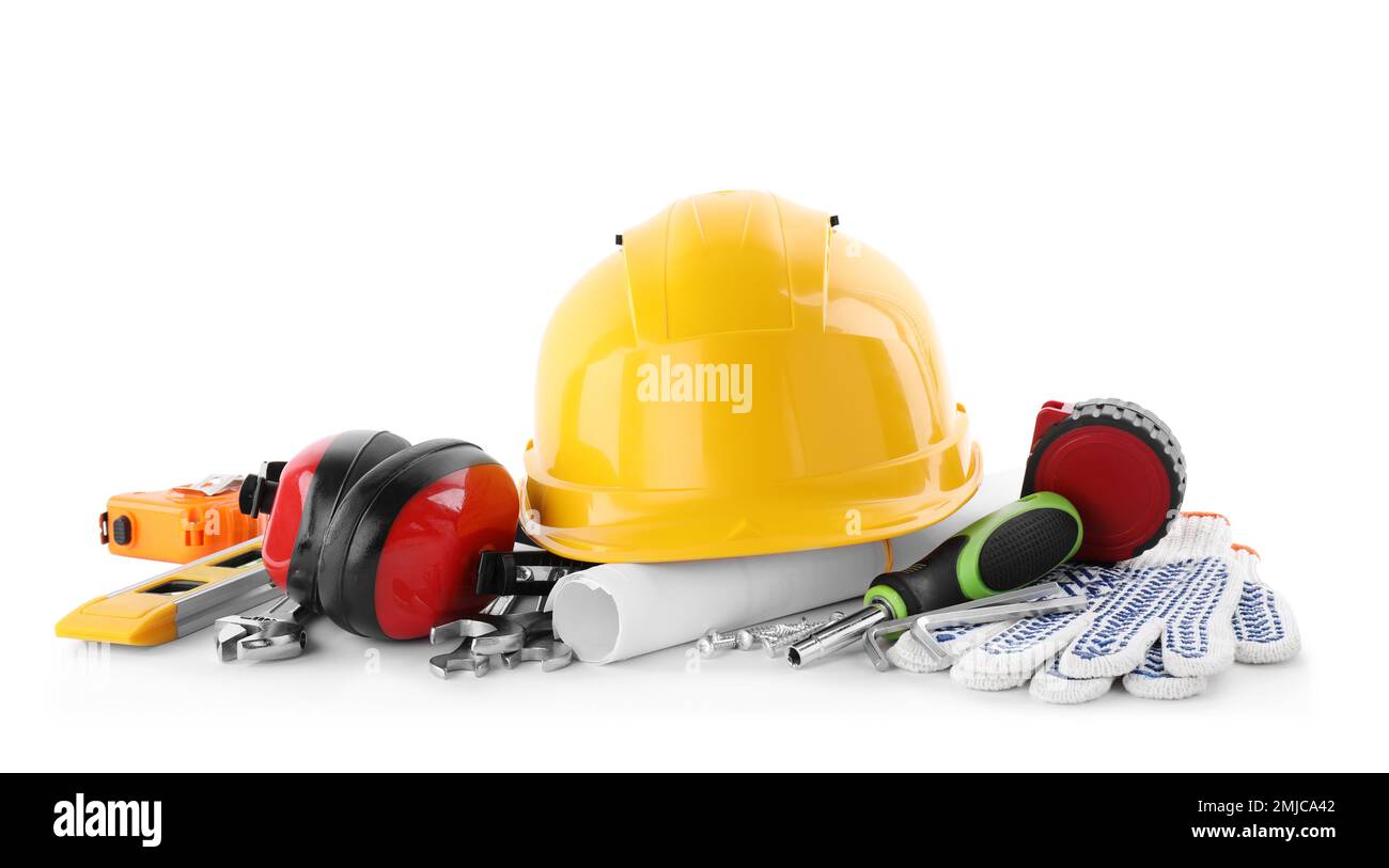 Different construction tools and hard hat isolated on white Stock Photo ...