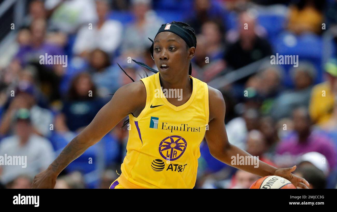 Los Angeles Sparks guard Alexis Jones advances the ball up court ...
