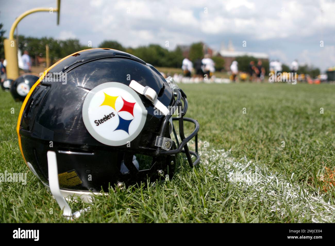 A Pittsburgh Steelers helmet is seen on the practice fields during ...