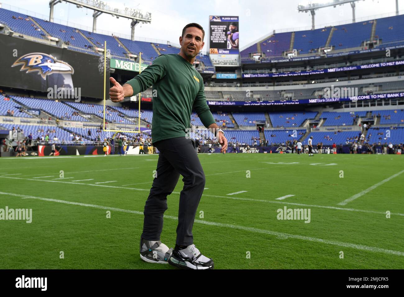 Green Bay Packers head coach Matt LaFleur gestures prior to a NFL ...