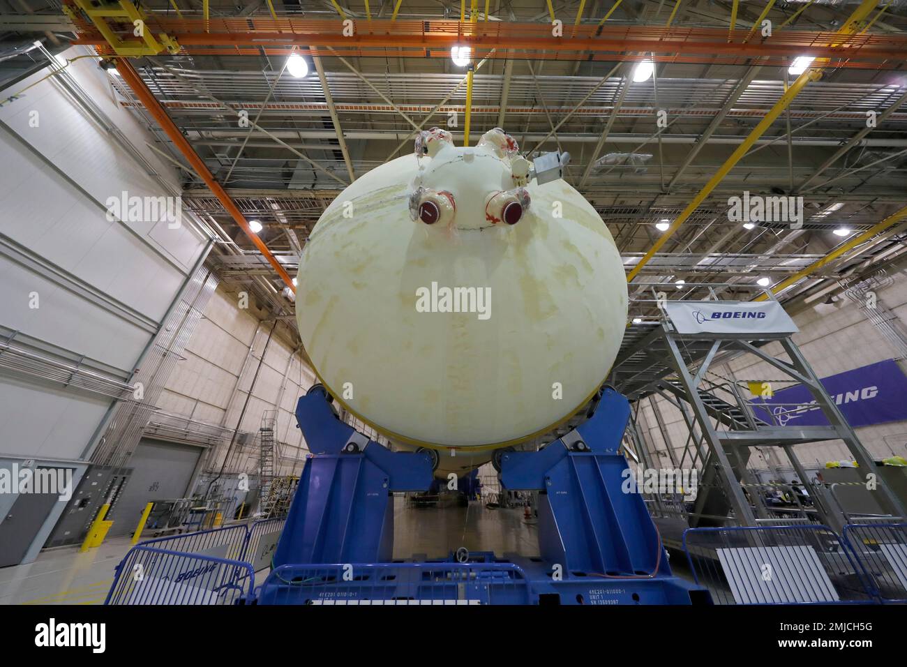 A view of the NASA core stage of the Space Launch System, which will ...